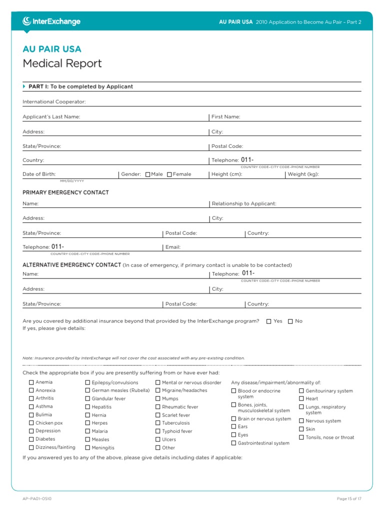 Au Pair USA Medical Report Form | PDF