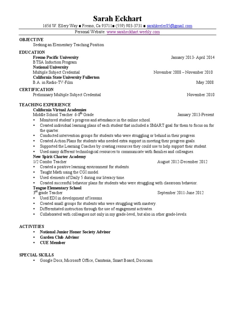 Elementary Teacher Resume of Sarah Eckhart | PDF