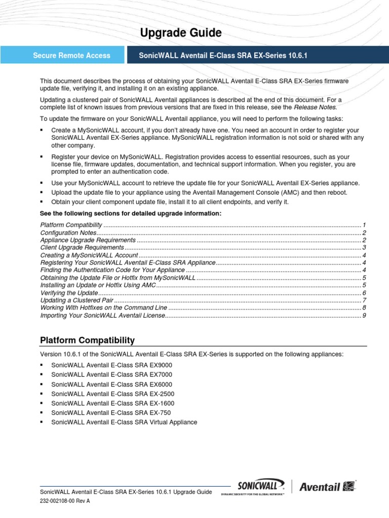 SonicWALL Aventail 10.6.1 Upgrade Guide | PDF | Command Line Interface | Installation (Computer ...