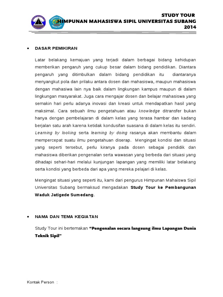 Contoh Proposal Study Tour Mahasiswa | PDF