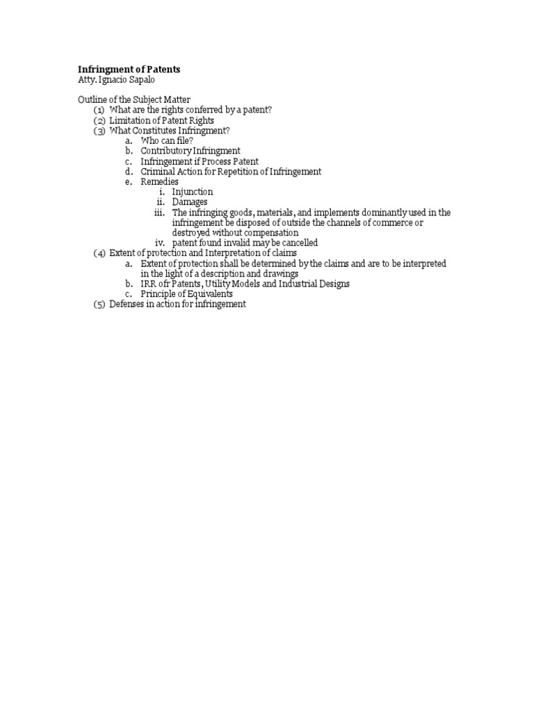 Prof. Ignacio Sapalo - Outline - Infringment of Patents | PDF