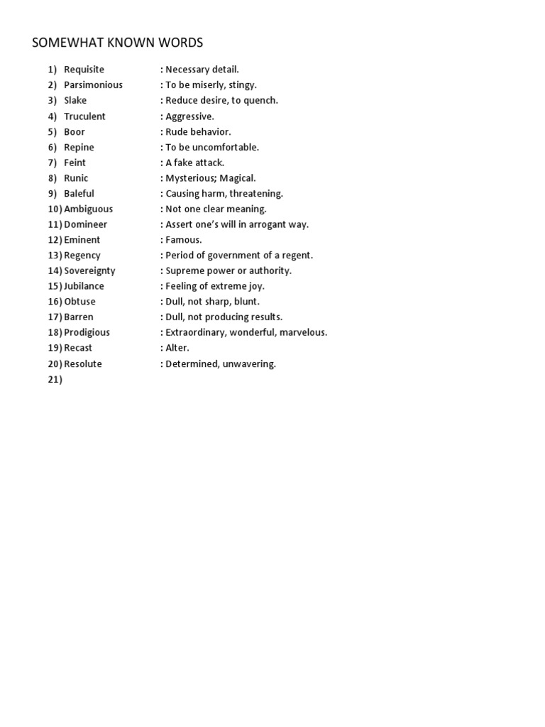 Vocabulary of Somewhat Known Words | PDF | Young Adult