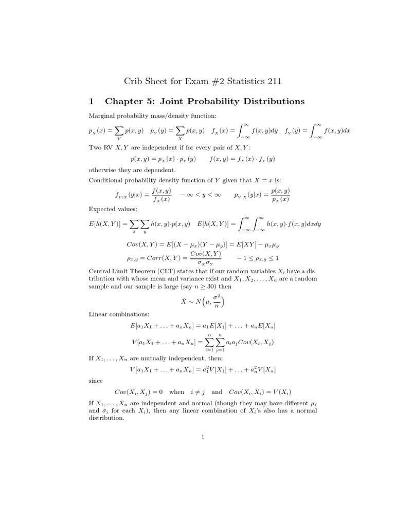 Crib Sheet for Exam #2 Statistics 211: Key Concepts for Joint ...
