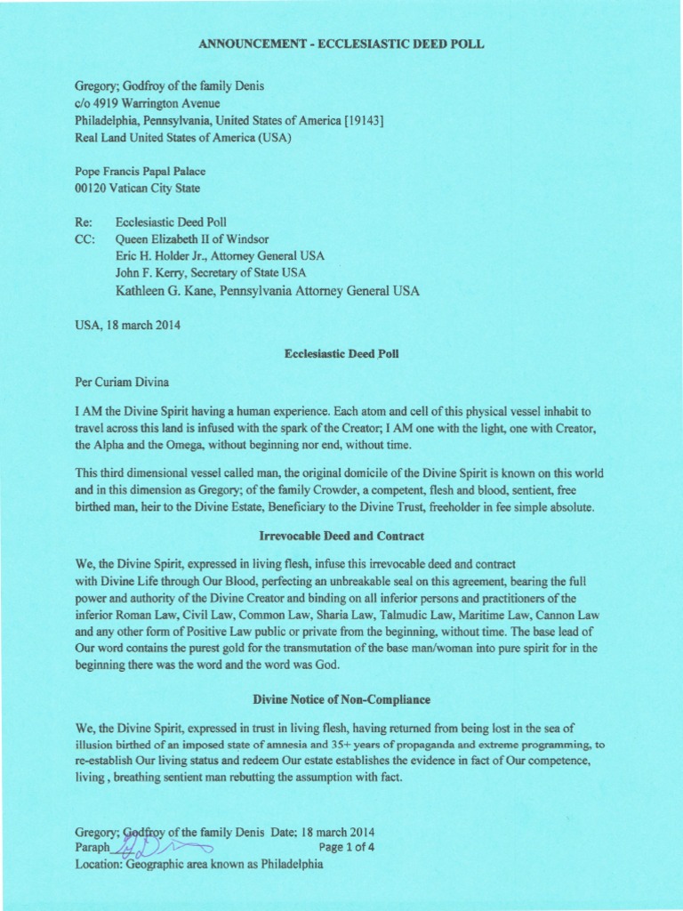 Gregory Denis Ecclesiastic Deed Poll | PDF | Trust Law | Fee Simple