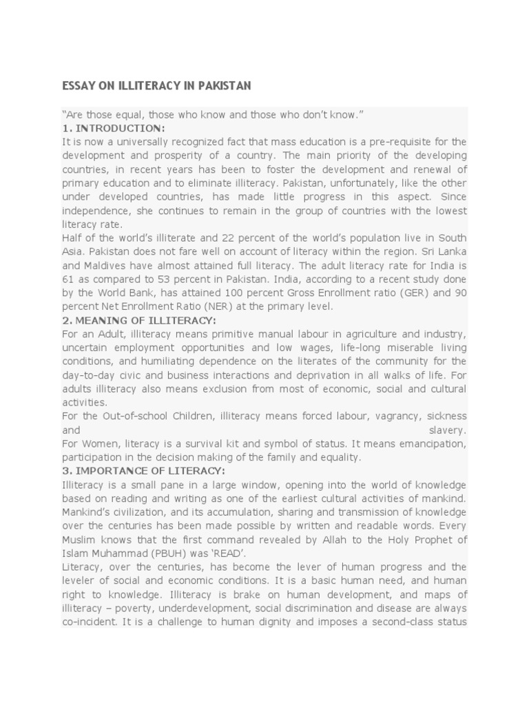 Essay On Illiteracy in Pakistan | PDF | Literacy | Millennium ...