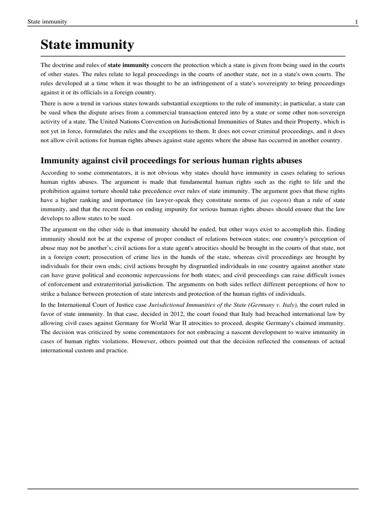 Doctrine of State Immunity Explained | PDF | International Law | Legal ...