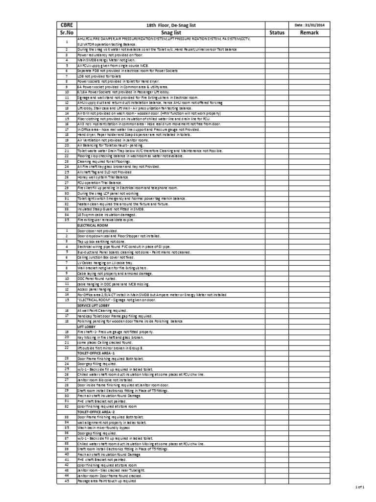 18th Floor Snag List | Elevator | Door