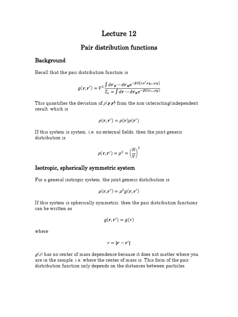 Lecture 12 Pair Distribution Functions Pdf Theoretical Physics