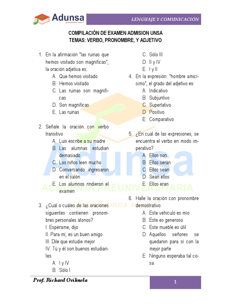Compilacion Examen Una Tema - Verbo, Adjetivo, Pronombre | PDF | Verbo ...