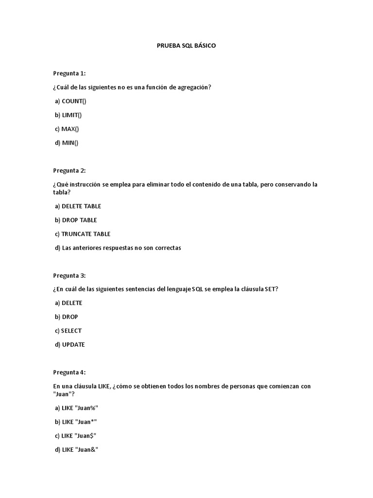 Prueba SQL Básico | Descargar gratis PDF | SQL | Tabla (base de datos) Prueba SQL Básico | Descargar gratis PDF | SQL | Tabla (base de datos)