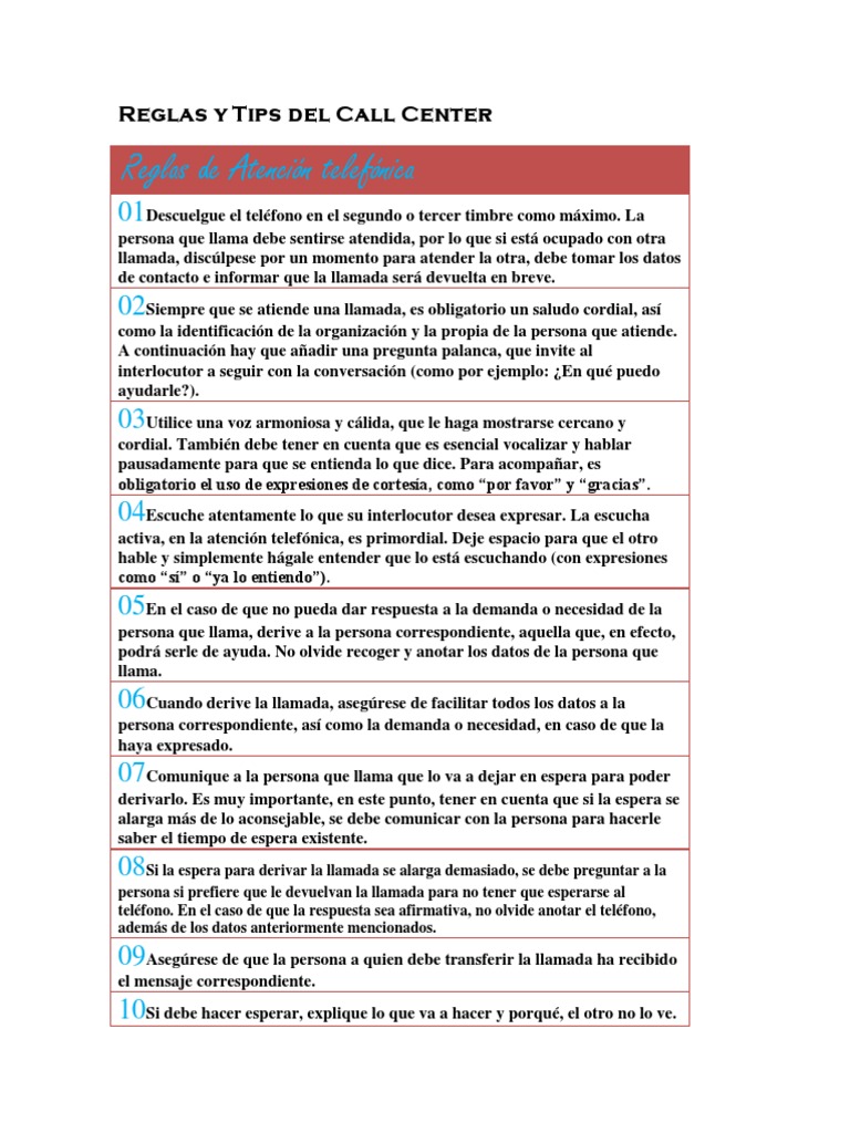 Reglas y Tips Del Call Center | PDF | Palabra | Teléfono
