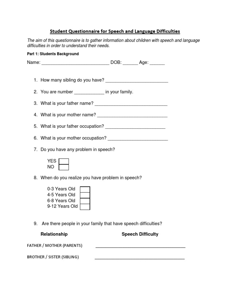 Student Speech and Language Questionnaire | PDF | Speech | Sibling