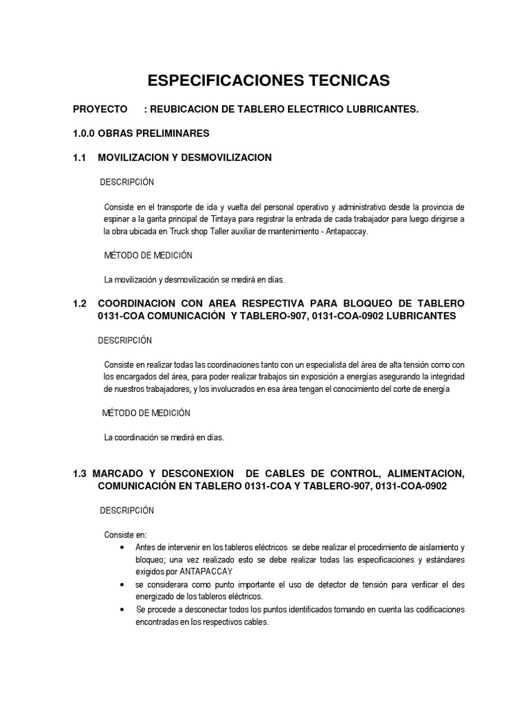 Especificaciones Tecnicas Translado de Tablero | PDF | Tubería (transporte de fluidos) | Bienes ...