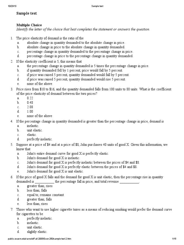Sample Test | PDF | Demand | Price Elasticity Of Demand