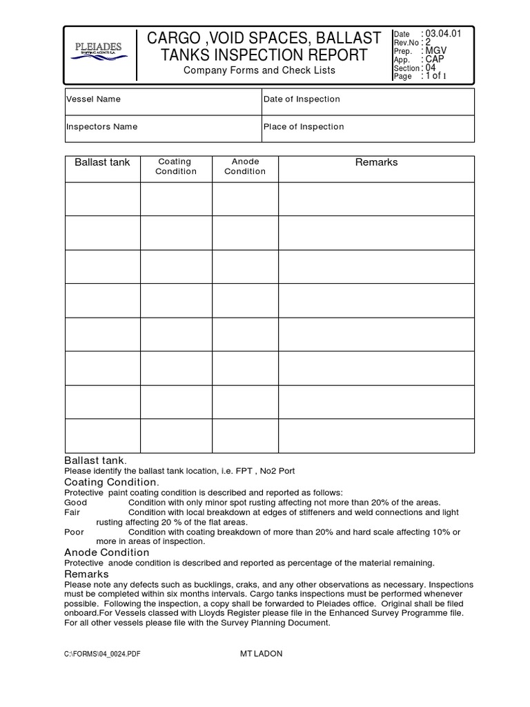 Cargo, Void Spaces, Ballast Tanks Inspection Report: Company Forms and ...