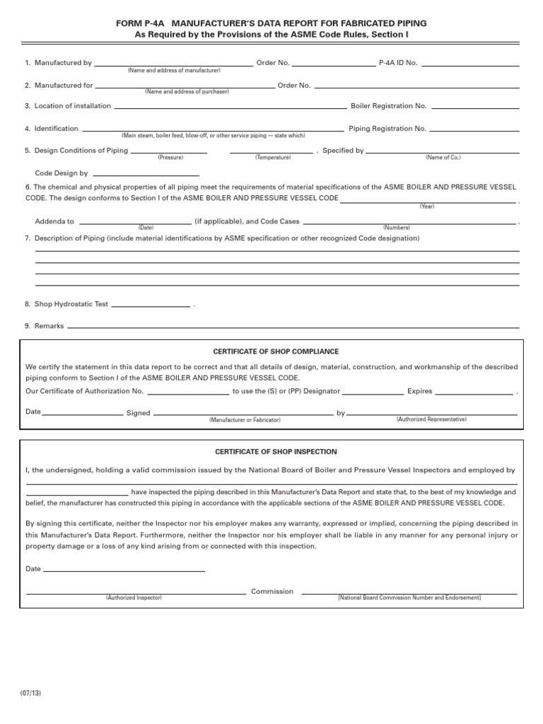 Form P-4A Manufacturer'S Data Report For Fabricated Piping As Required ...