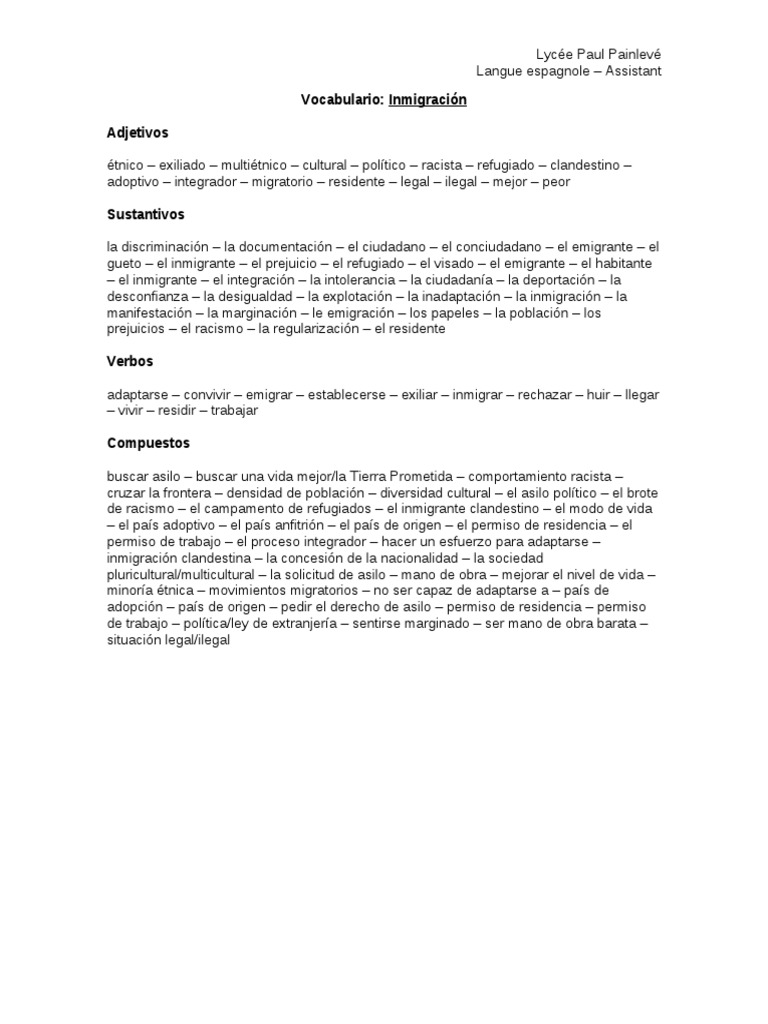 Vocabulario sobre Inmigración en Español | PDF | Racismo ...