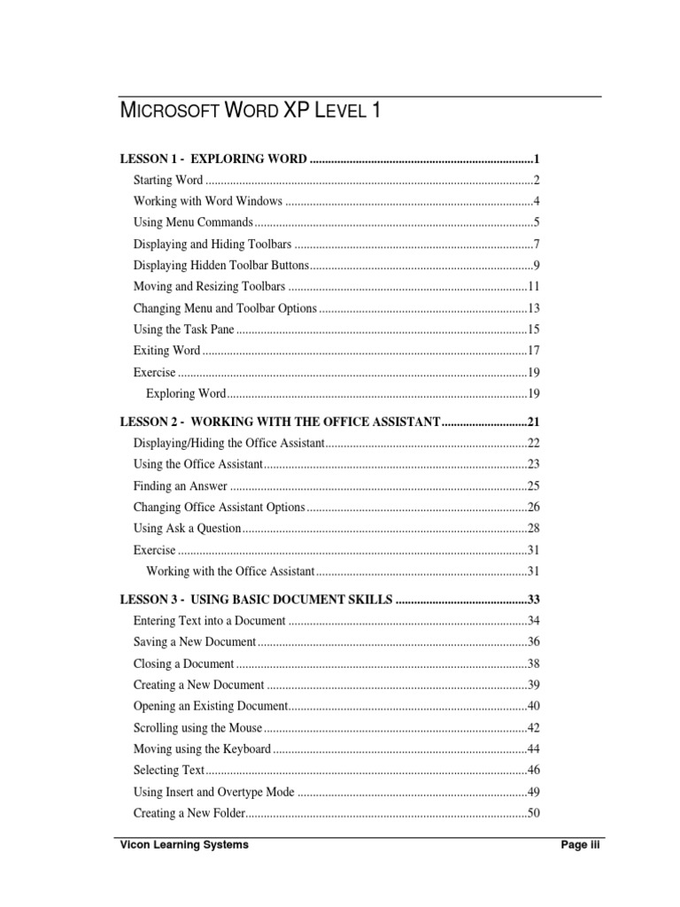 Word XP Level 1 Index | PDF | Microsoft Word | Microsoft Windows