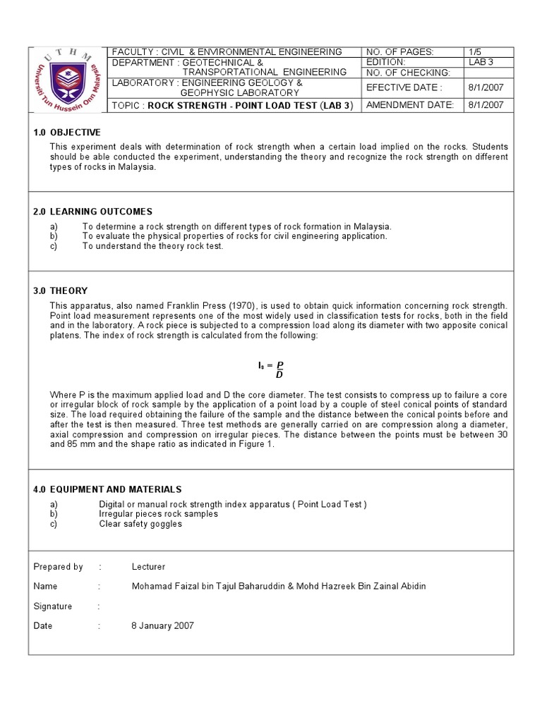 Laboratory+3+ +Point+Load+Test | PDF | Strength Of Materials | Experiment