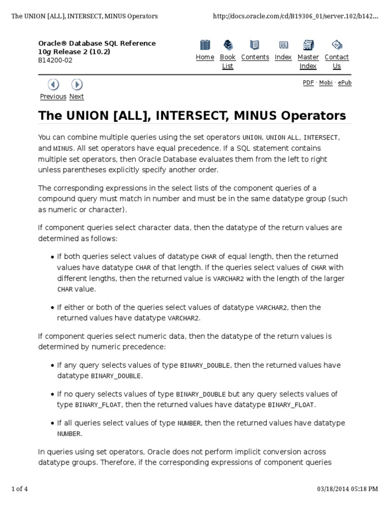 The Union, Intersect, Minus Operators | PDF | Table (Database) | Data Type