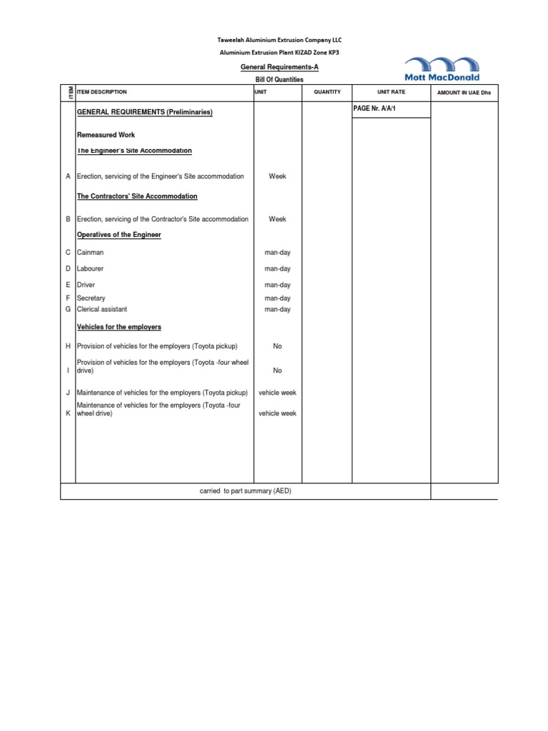 BOQ (Structural & Archetectural) | Deep Foundation | Door