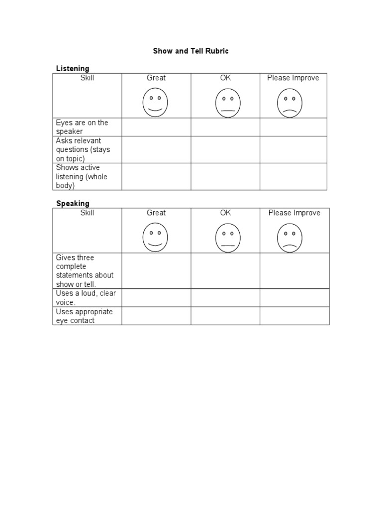 Show and Tell Assessment Rubric | PDF