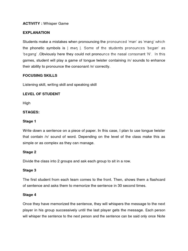 ACTIVITY: Whisper Game Explanation | PDF | Consonant | Sentence ...