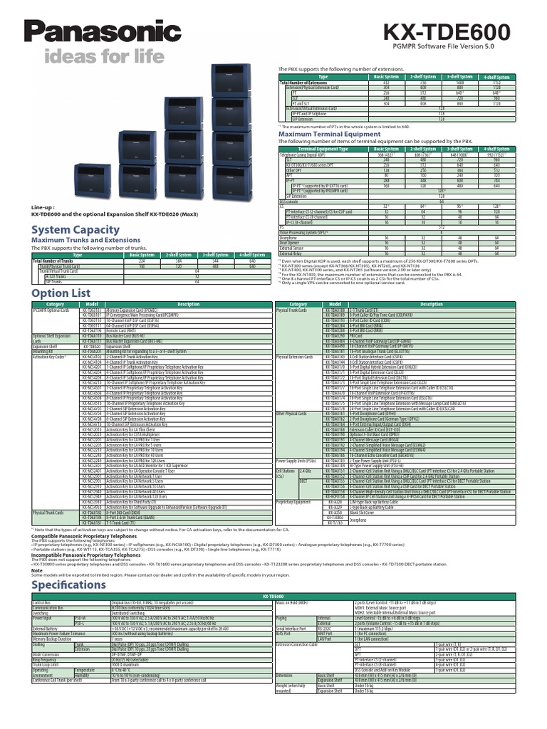 Panasonic KX-TDE600 Specsheet | PDF | Voicemail | Telephone