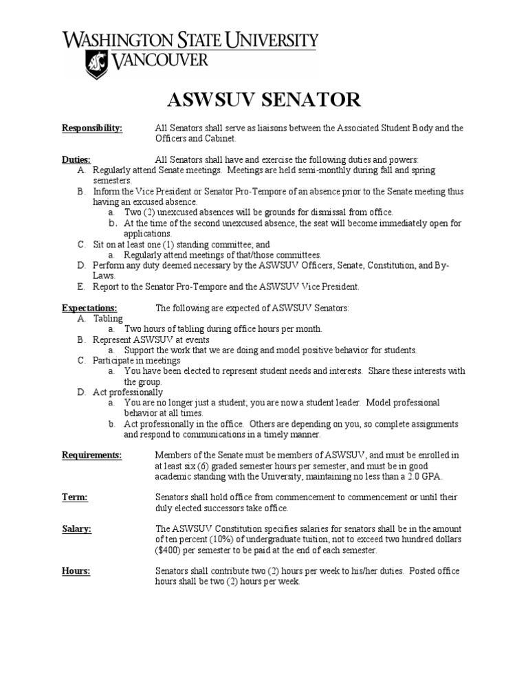 Senator Job Description | PDF | United States Senate | Academic Term