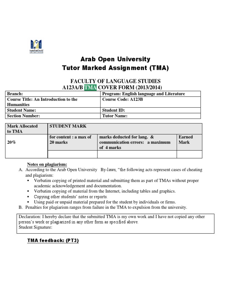 Arab Open University Tutor Marked Assignment (TMA) : Faculty of ...