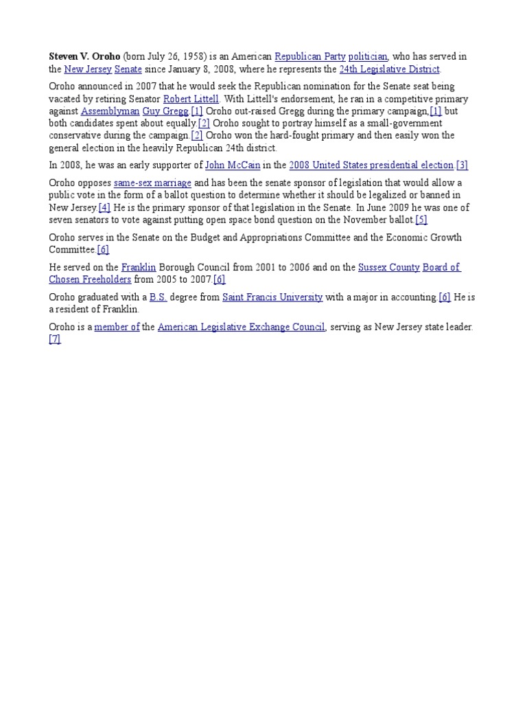 Steven V. Oroho (Born July 26, 1958) Is An American | PDF | Politics