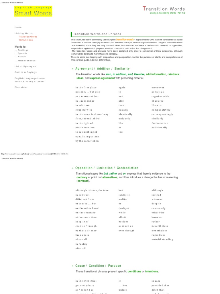 Transition Words and Phrases Guide | PDF | Phrase | Sentence (Linguistics)
