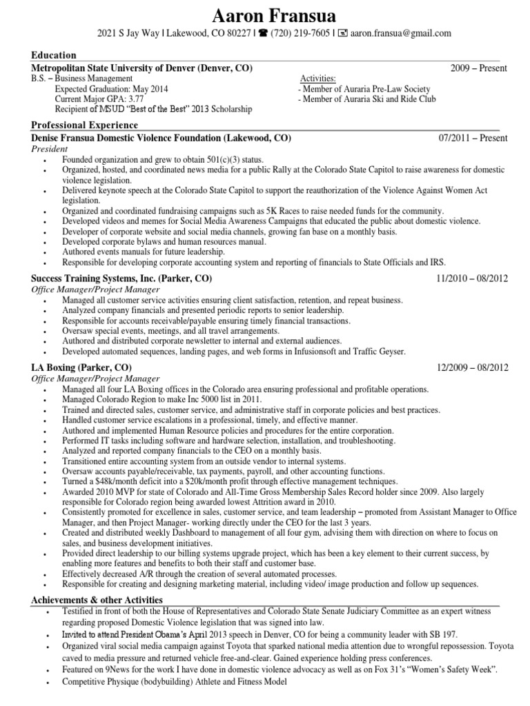 Aaron Fransua Educational Resume | PDF | Sales | Chief Executive Officer