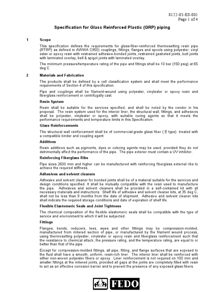 2 Specification For GRP Piping | PDF | Fiberglass | Strength Of Materials