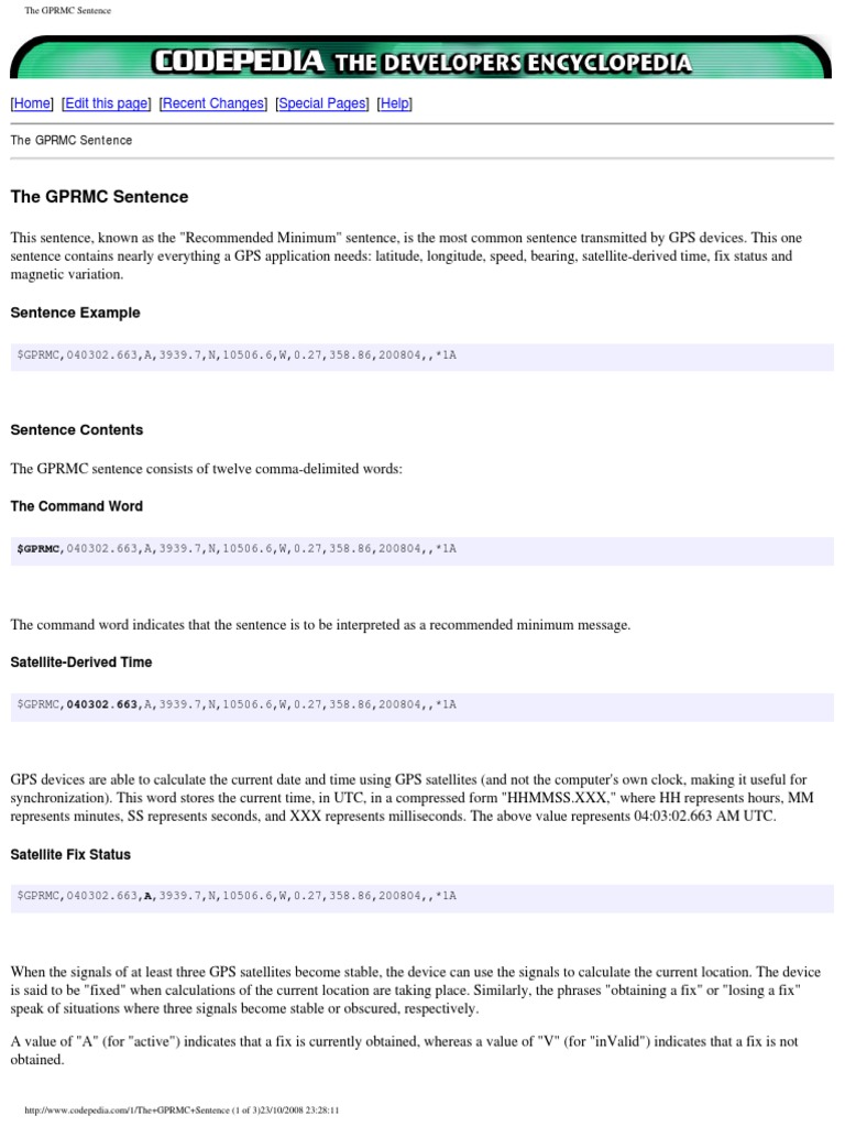 The GPRMC Sentence | PDF | Longitude | Global Positioning System