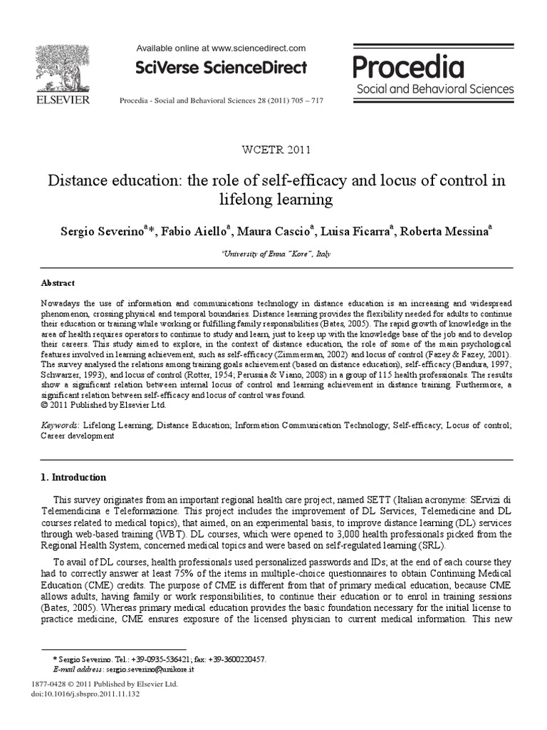 Distance Education - The Role of Self-Efficacy and Locus of Control in Lifelong Learning | PDF ...