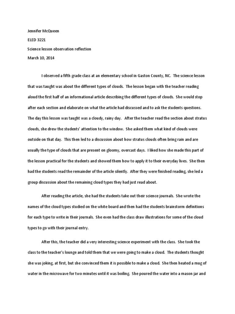 Science Lesson Observation Reflection | PDF | Cloud | Learning