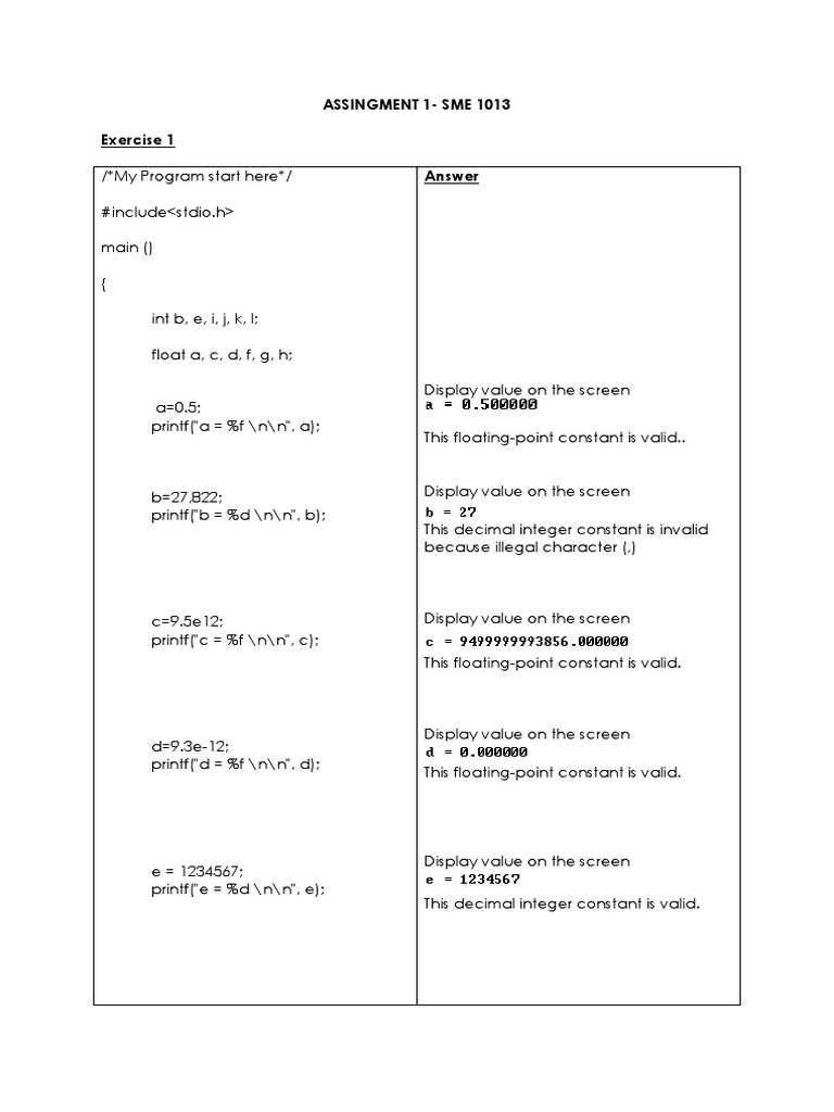 Assingment 1-Sme 1013 Exercise 1 Answer | PDF | Integer (Computer ...