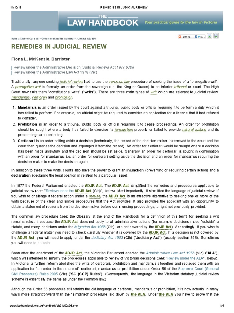 Judicial Review Remedies Explained | PDF | Writ Of Prohibition | Certiorari