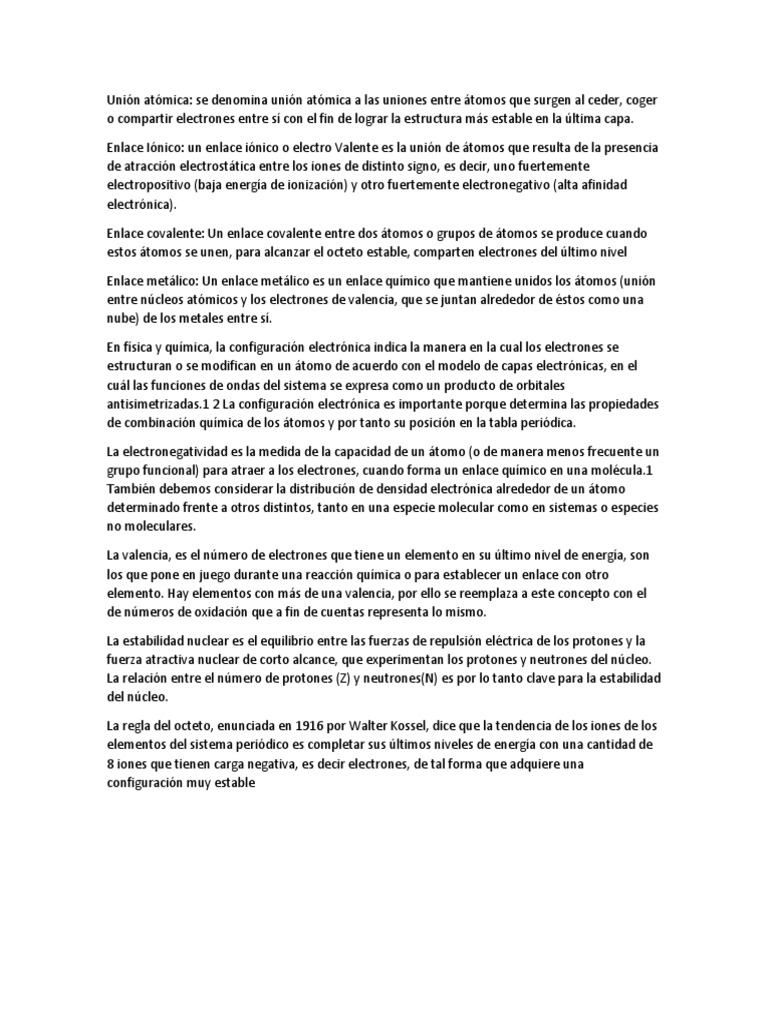 Tipos de uniones atómicas y su estabilidad | PDF | Enlace químico | Átomos