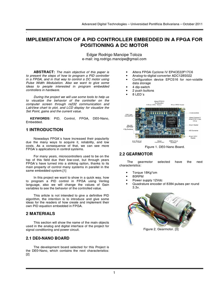 Implementation of A Pid Controller Embedded in A Fpga For Positioning A DC Motor | PDF ...