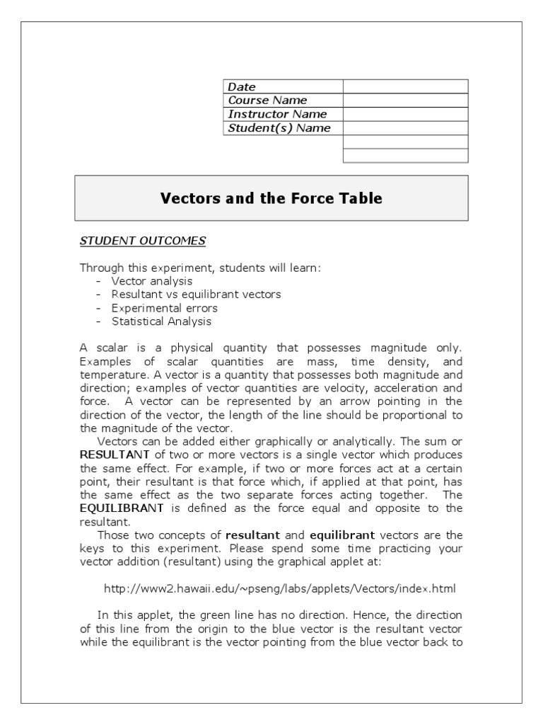 Vectors and The Force Table: Date Course Name Instructor Name Student(s ...