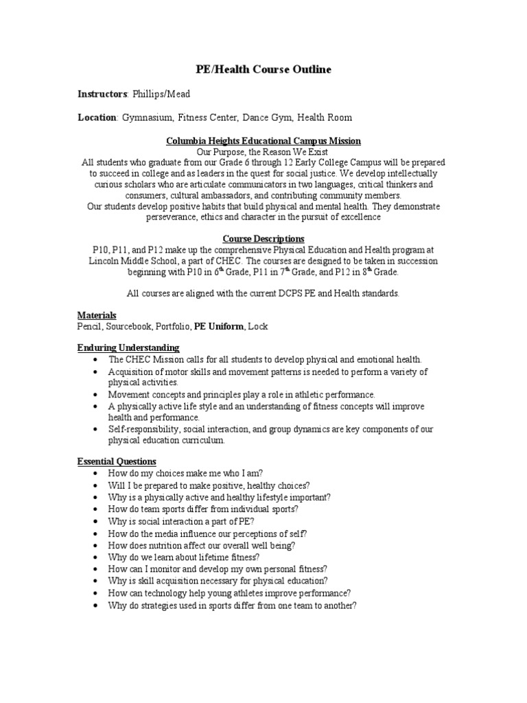 PE/Health Course Outline for Grades 6-8 | PDF | Physical Education ...