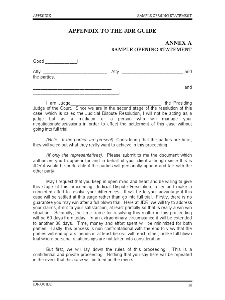 Appendix To The JDR Guide Annex A: Sample Opening Statement | PDF | Mediation | Alternative ...