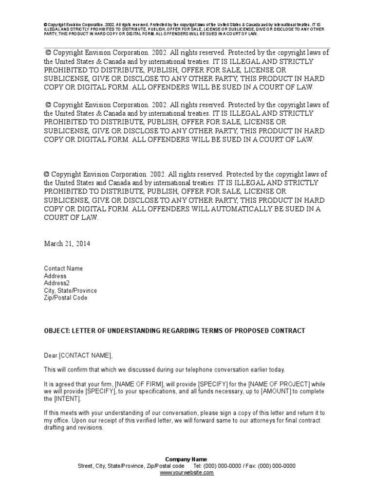 Letter of Understanding Regarding Terms of Proposed Contract | PDF