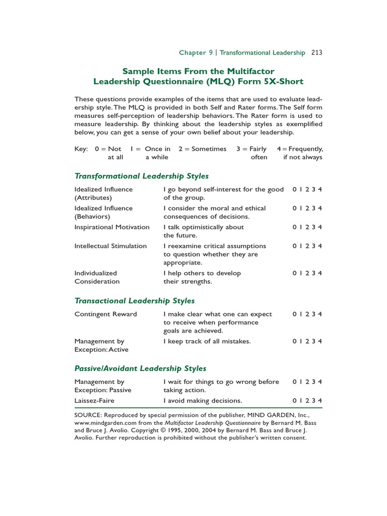 Sample Items From The Multifactor Leadership Questionnaire (MLQ) Form ...