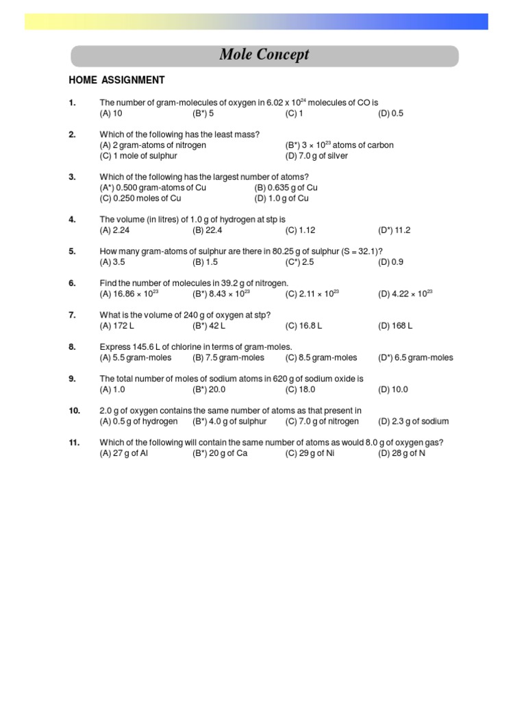 Mole Concept Home Assignment Quiz | PDF | Science & Mathematics