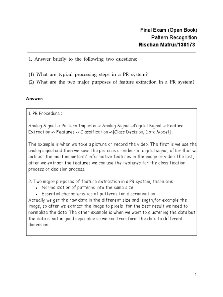Final Exam Pattern Recognition Pdf Pattern Recognition Signal Electrical Engineering