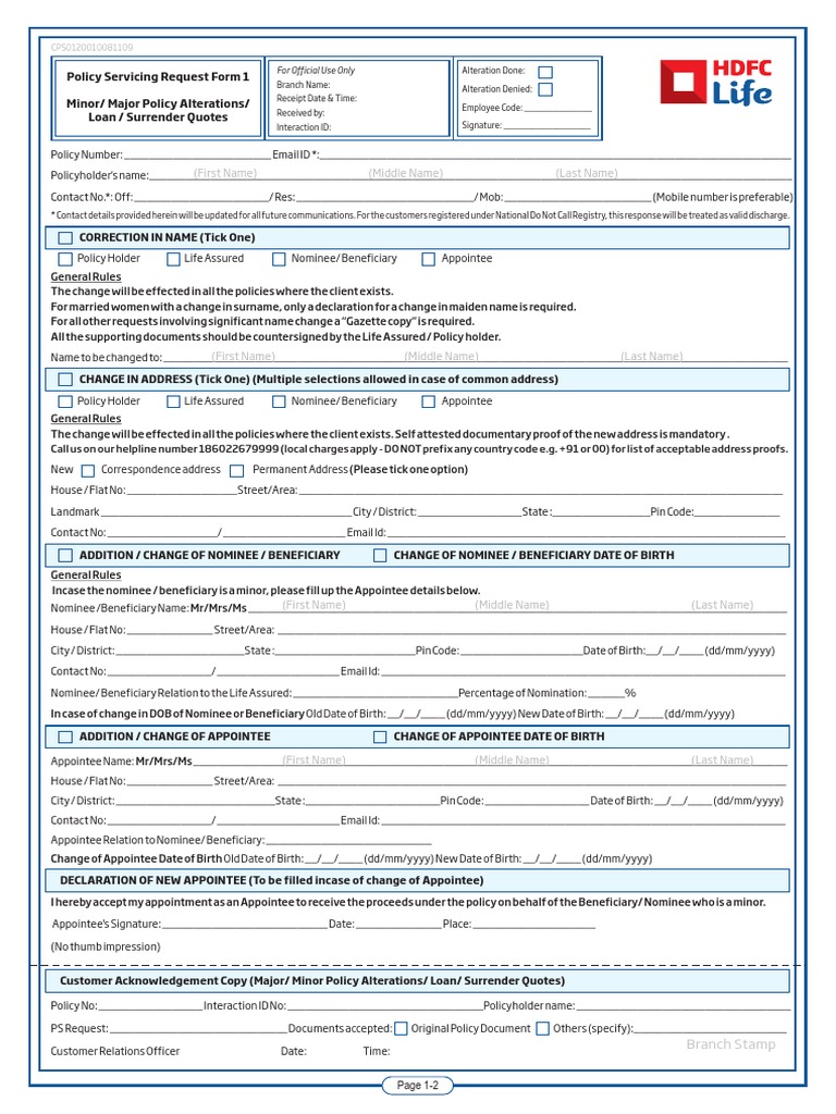 Policy Servicing Request Form 1 | PDF | Assignment (Law) | Insurance