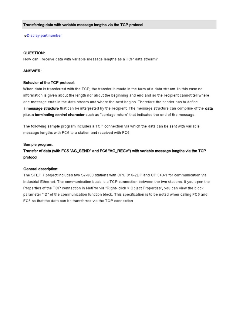 Transferring Data With Variable Message Lengths Via The Tcp Protocol Pdf Transmission